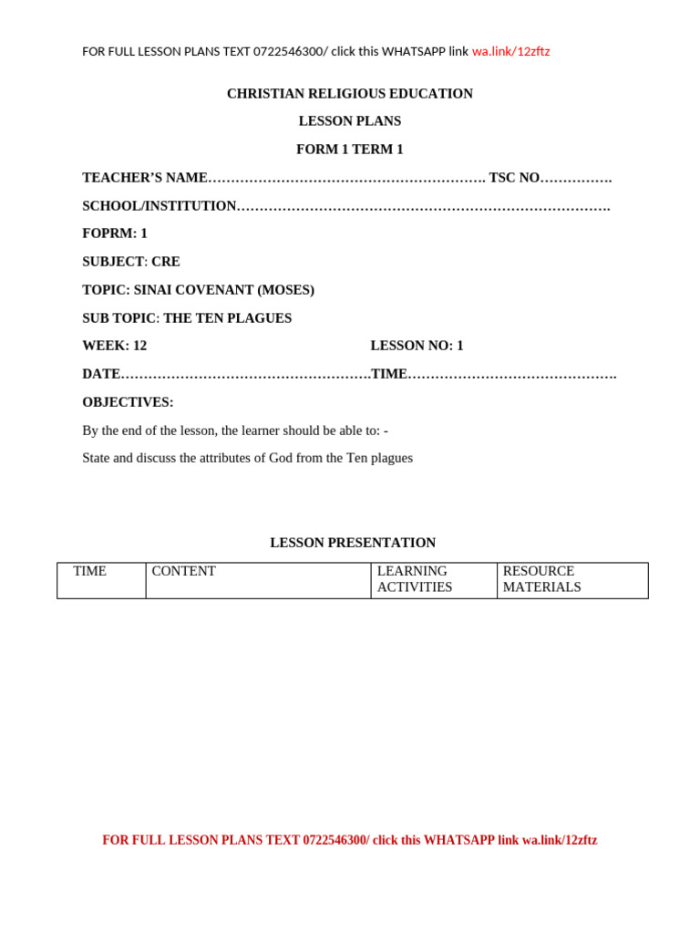 CRE Lesson Plans Form 1 2 3 4 Sample | PDF | Book Of Exodus | Lesson Plan