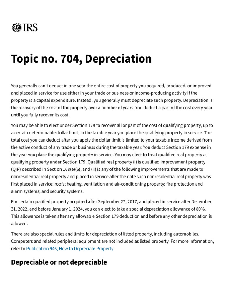 Topic No. 704, Depreciation - Internal Revenue Se | PDF | Depreciation ...