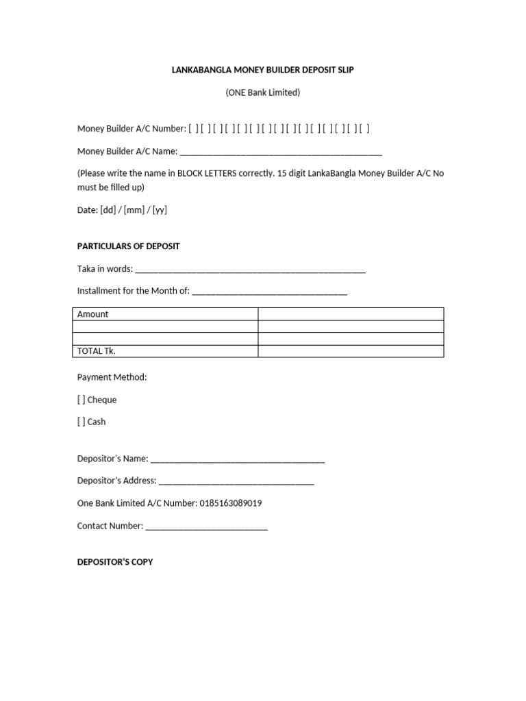 LankaBangla Money Builder Deposit Slip | PDF