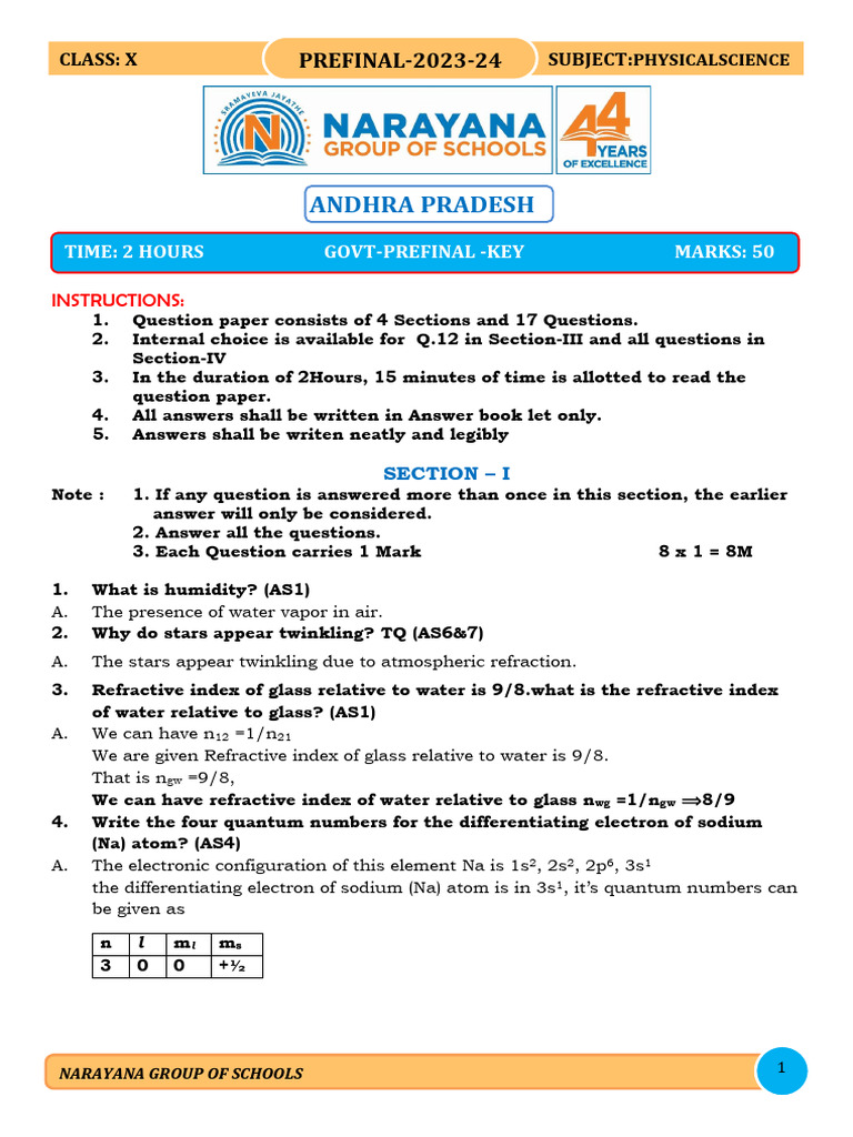 AP X SSC Physical Science Prefinal Govt 2023 24 Key | PDF | Physical Sciences | Physical Chemistry