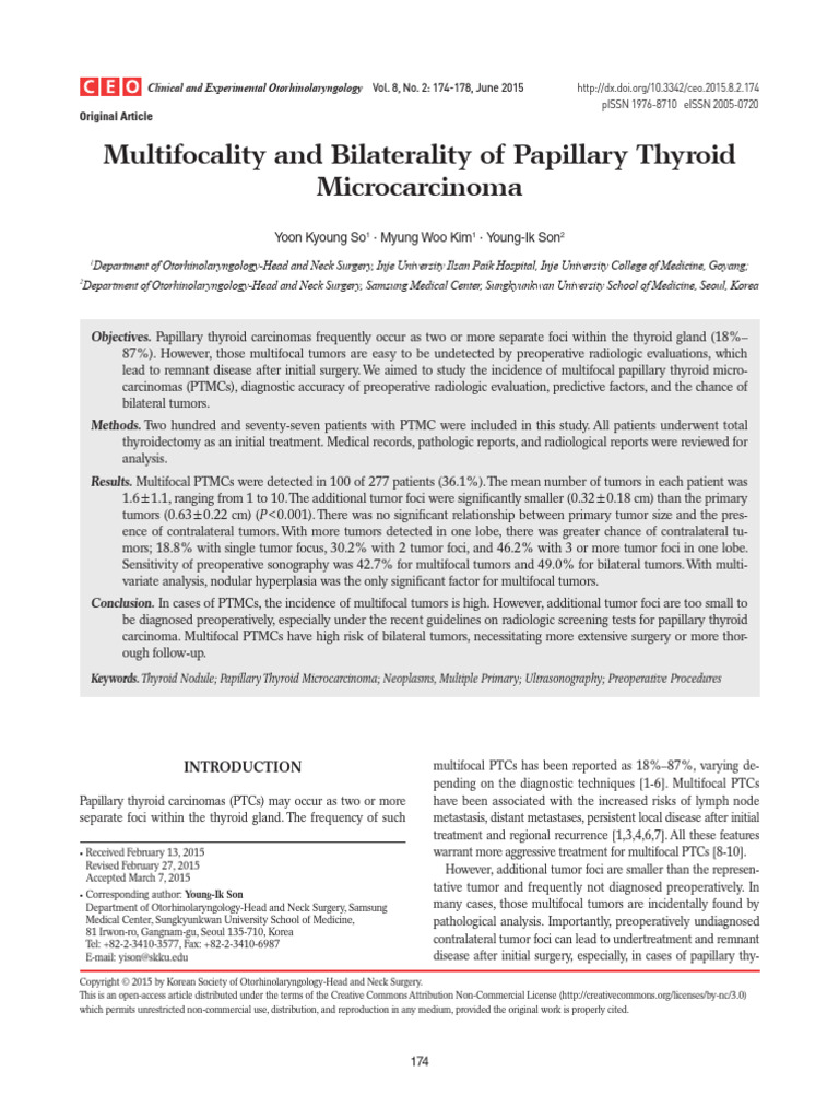 Multifocality and Bilaterality of Papillary Thyroid Microcarcinoma ...