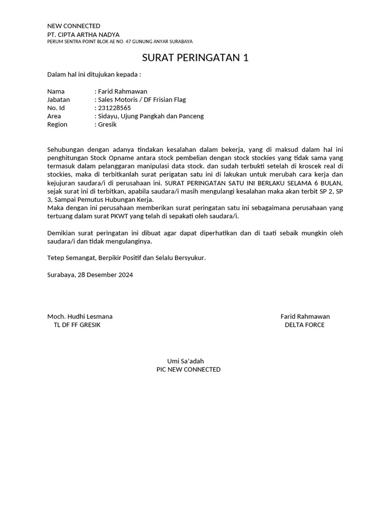 SURAT PERINGATAN KERJA FARID 1 | PDF