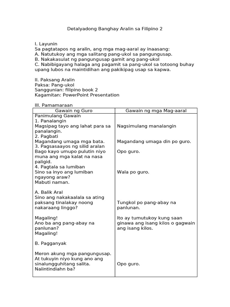 Detalyadong Banghay Aralin Sa Filipino 2 | PDF