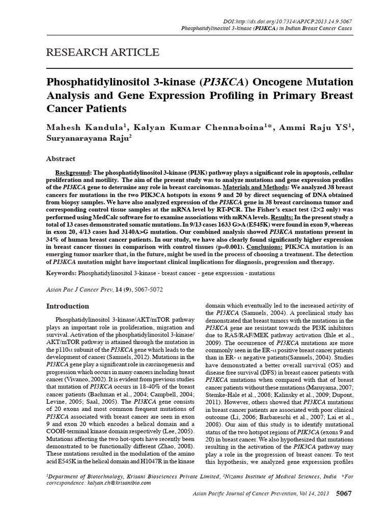 Phosphatidylinositol 3-Kinase (PI3KCA) Oncogene Mutation Analysis and ...