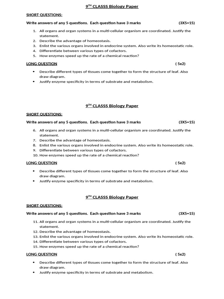 9th Grade Biology Exam Questions | PDF