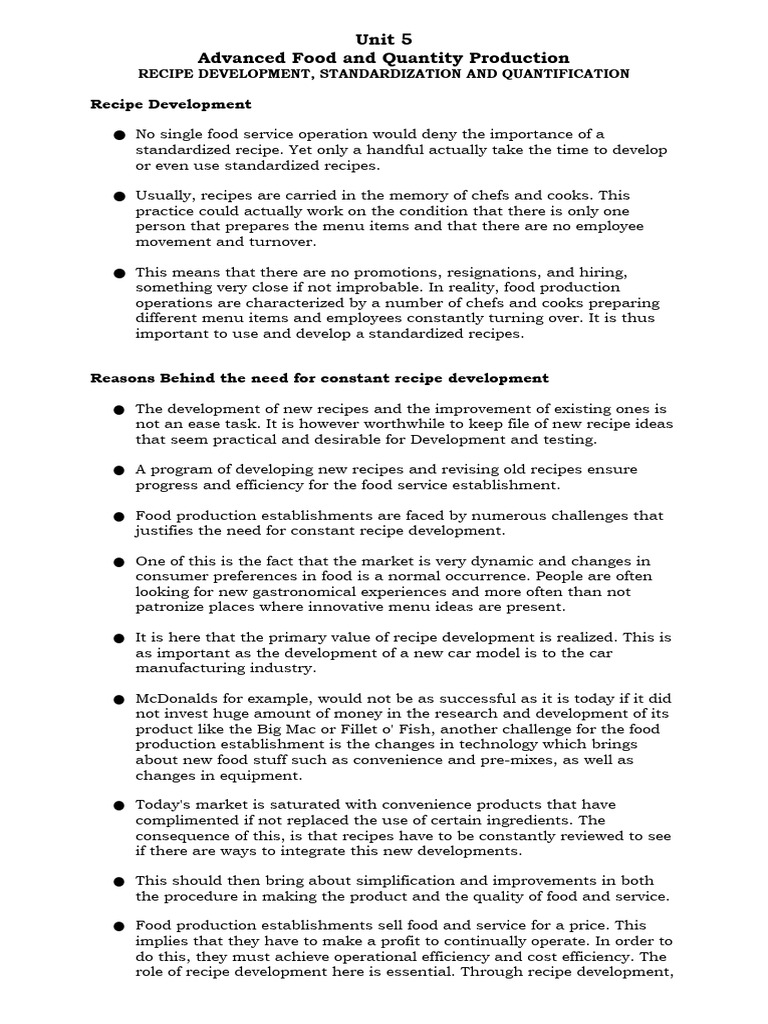 FT 107 Unit 5 Recipe Development Standardization and Quantification ...
