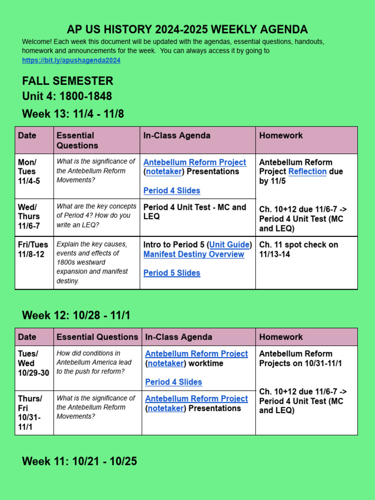 AP US History 2024-2025 WEEKLY AGENDA | PDF | The United States ...