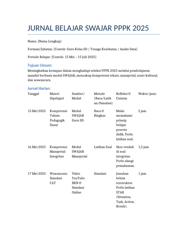 Jurnal Belajar SWAJAR PPPK 2025 | PDF