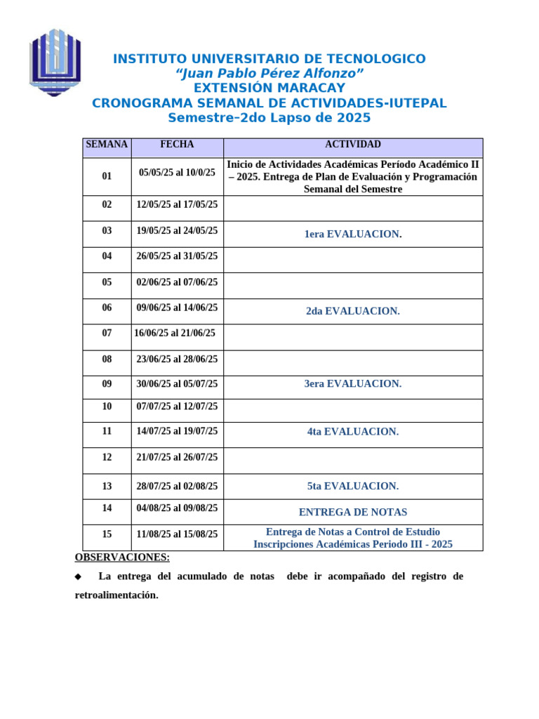 Iutepal - Programa Semanal de Actividades - 2do Del 2025 | PDF