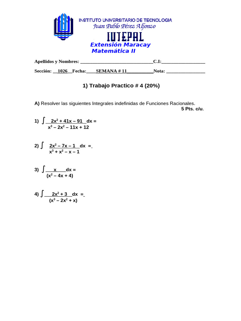 Trabajo Practico # 4 de Matematica II - IUTEPAL | PDF