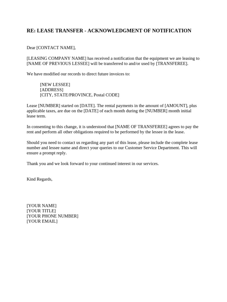 Acknowledgment of Notification of Lease Transfer | PDF