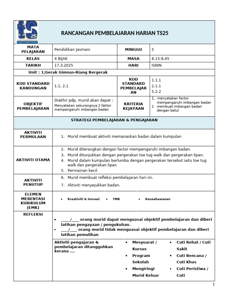 RPH PJ Tahun 4 Unit 1 Gerak Gimnas | PDF