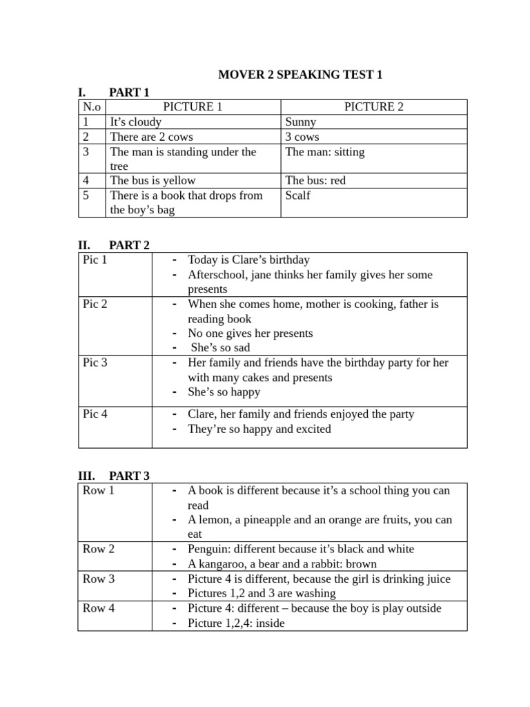 Mover 2 Speaking Test 1 | PDF