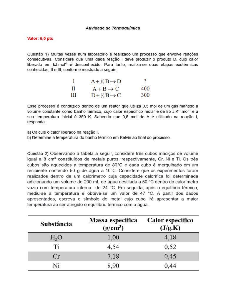 Atividades de Termoquímica e Cálculos Térmicos | PDF