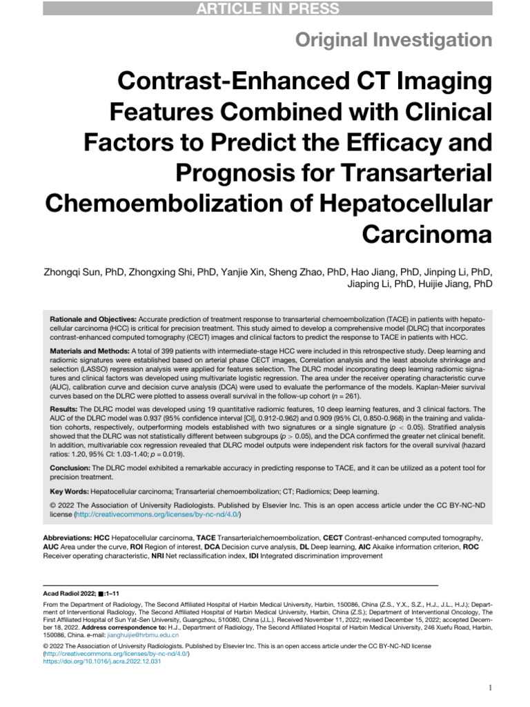 2023 Contrast-Enhanced CT Imaging Features Combined With Clinical Factors To Predict The ...