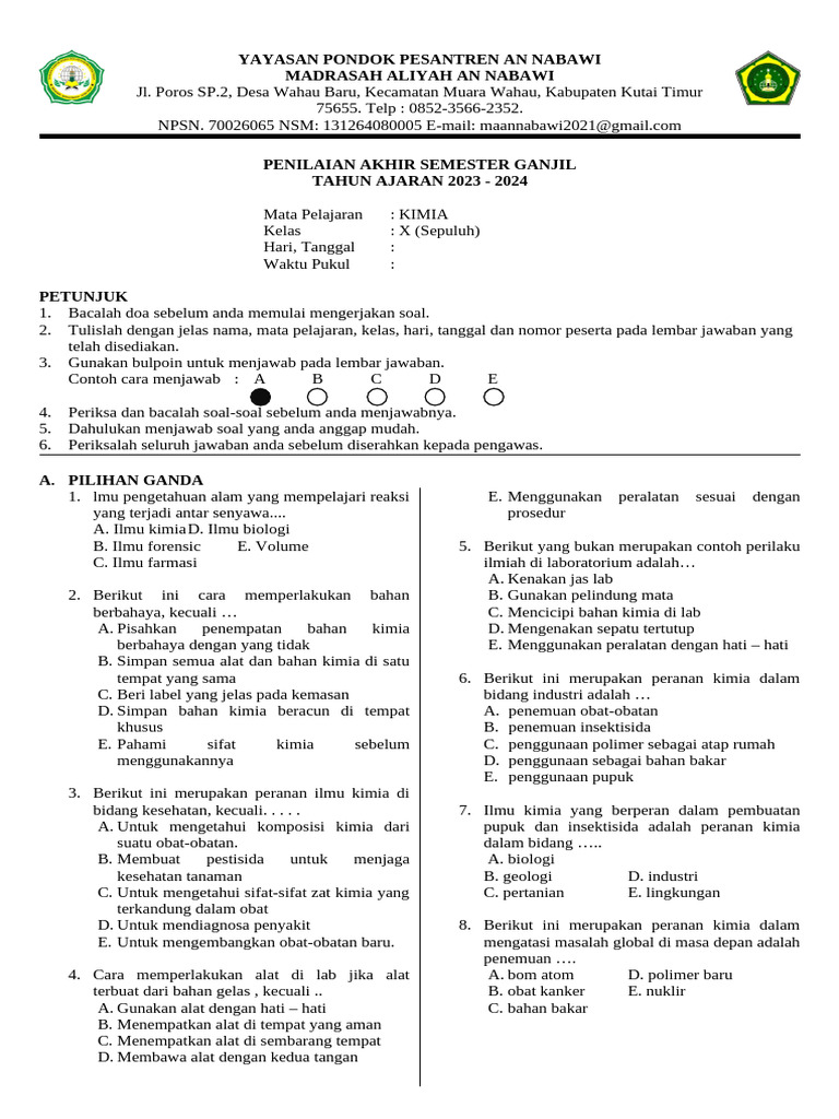 Soal Kimia Pas Ganjil Kelas 10 Print | PDF