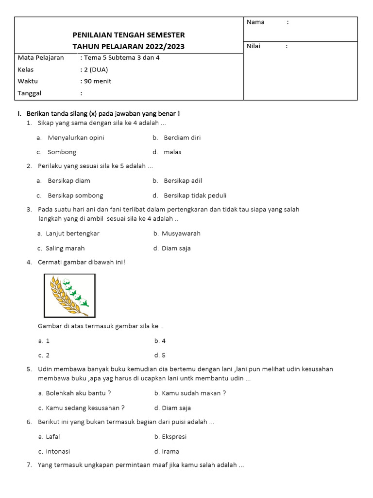 Soal PTS KELAS 2 Tema 5 Sub3 Dan Sub4 | PDF