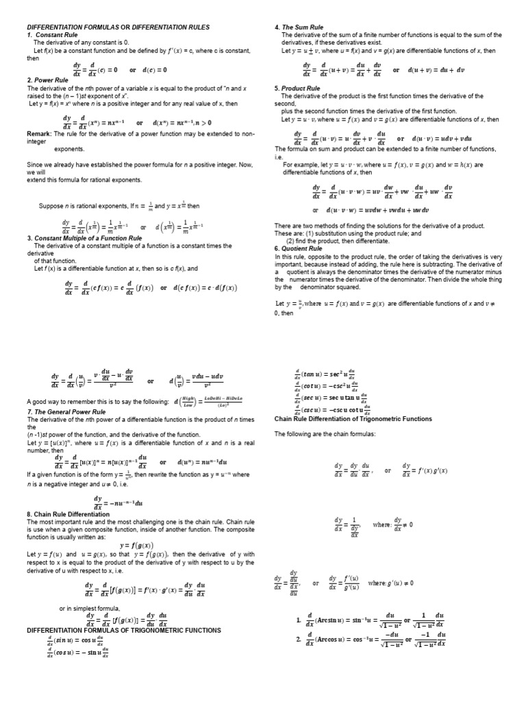Differentiation Formulas or Differentiation Rules | PDF | Derivative | Exponentiation