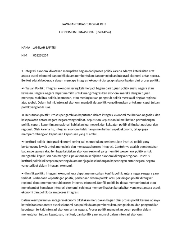 Jawaban Tugas Tutorial Ke-3 Ekonomi Internasional | PDF