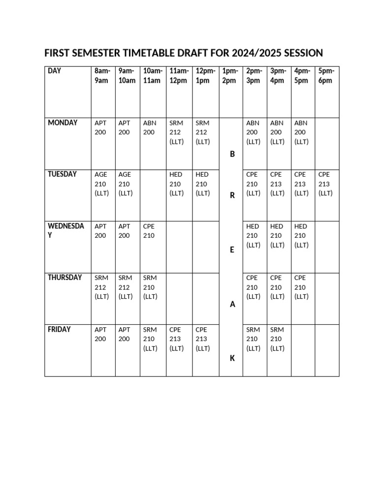 First Semester Timetable Draft For 2024 | PDF