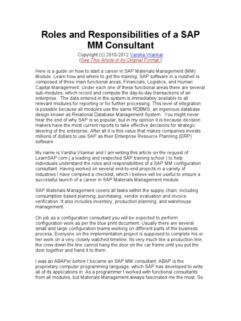Roles and Responsibilities of A SAP MM Consultant | Download Free PDF ...