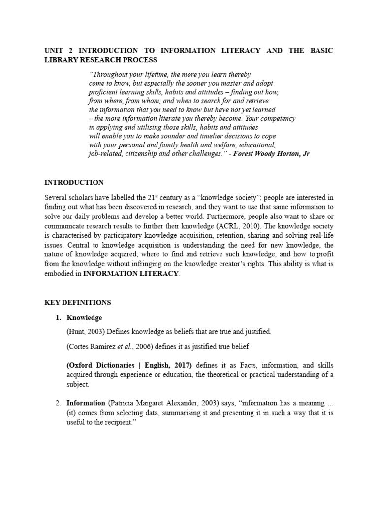 Unit 2 Introduction To Information Literacy and The Basic Library ...