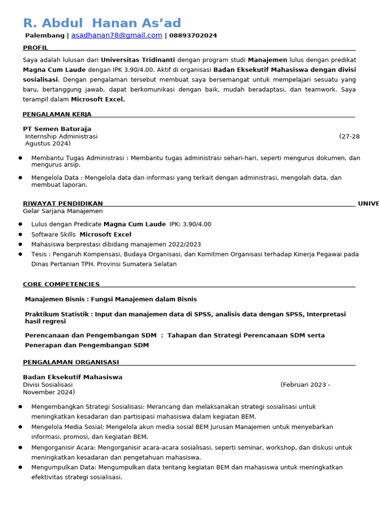 Hanan - Management Trainee Excel | PDF