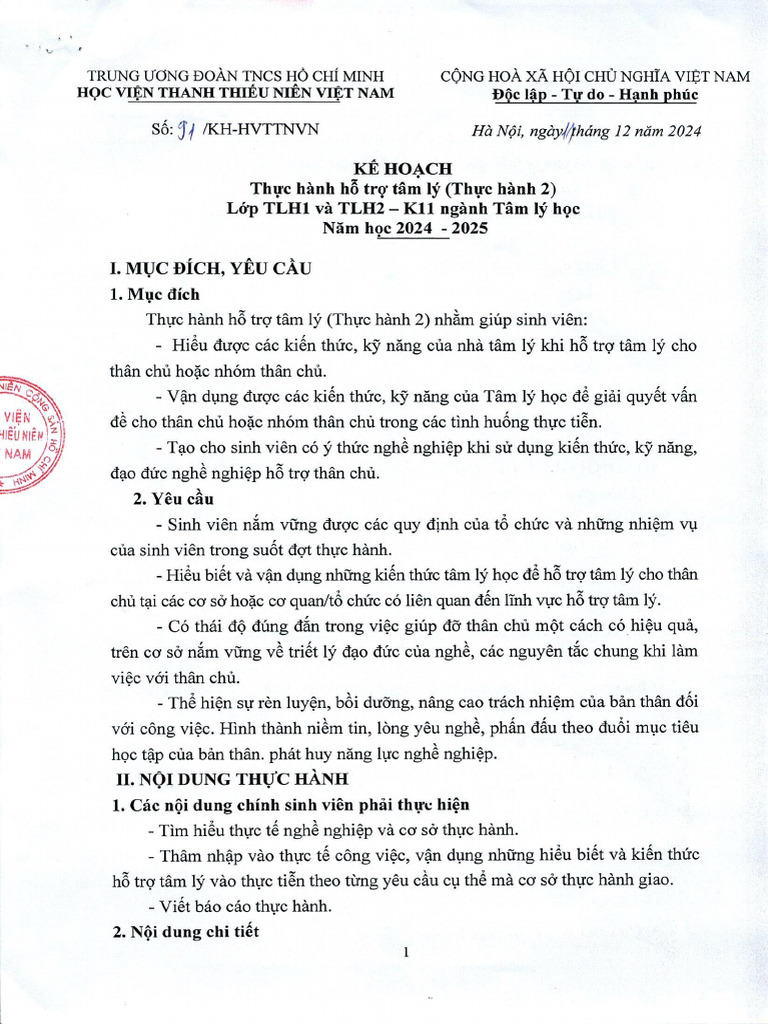 91 KH-HV Thuc Hanh Ho Tro Tam Ly Lop TLH1 Va TLH2 K11 Nganh TLH - 0001 | PDF
