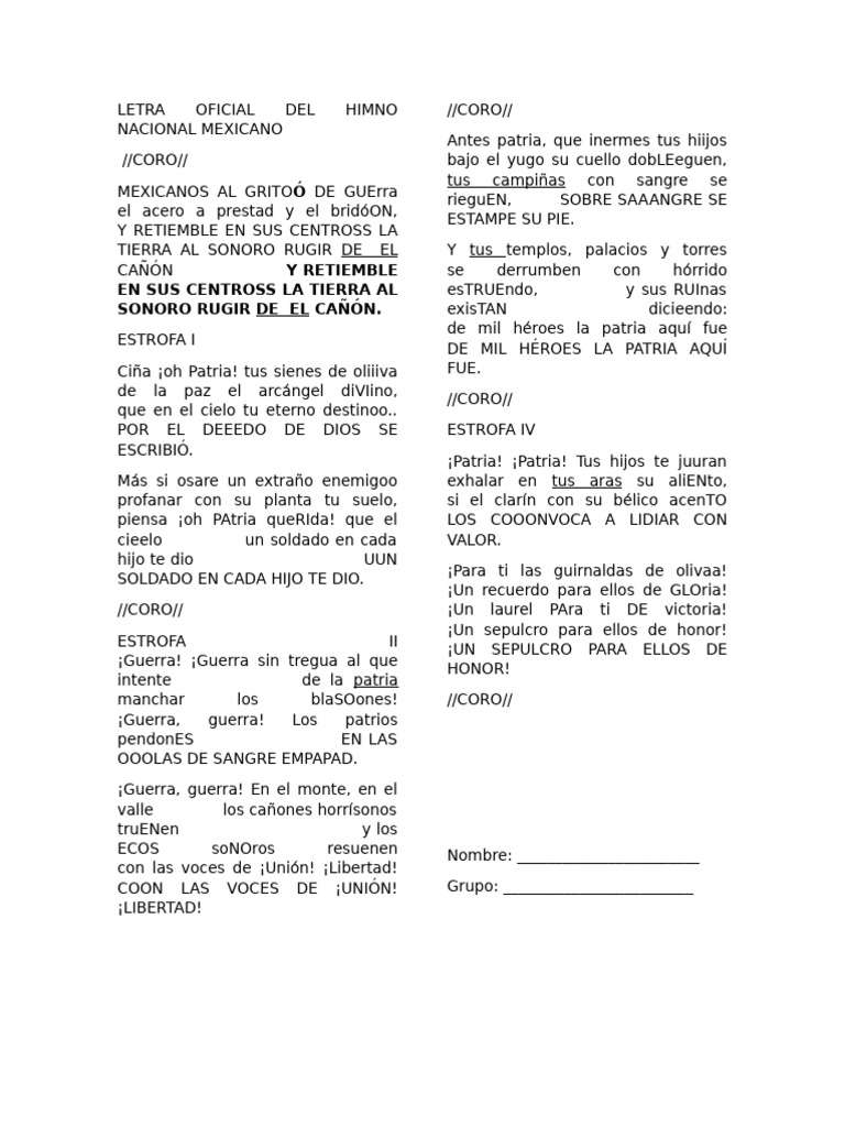 Letra Oficial Del Himno Nacional Mexicano | PDF | Himnos | Canciones ...