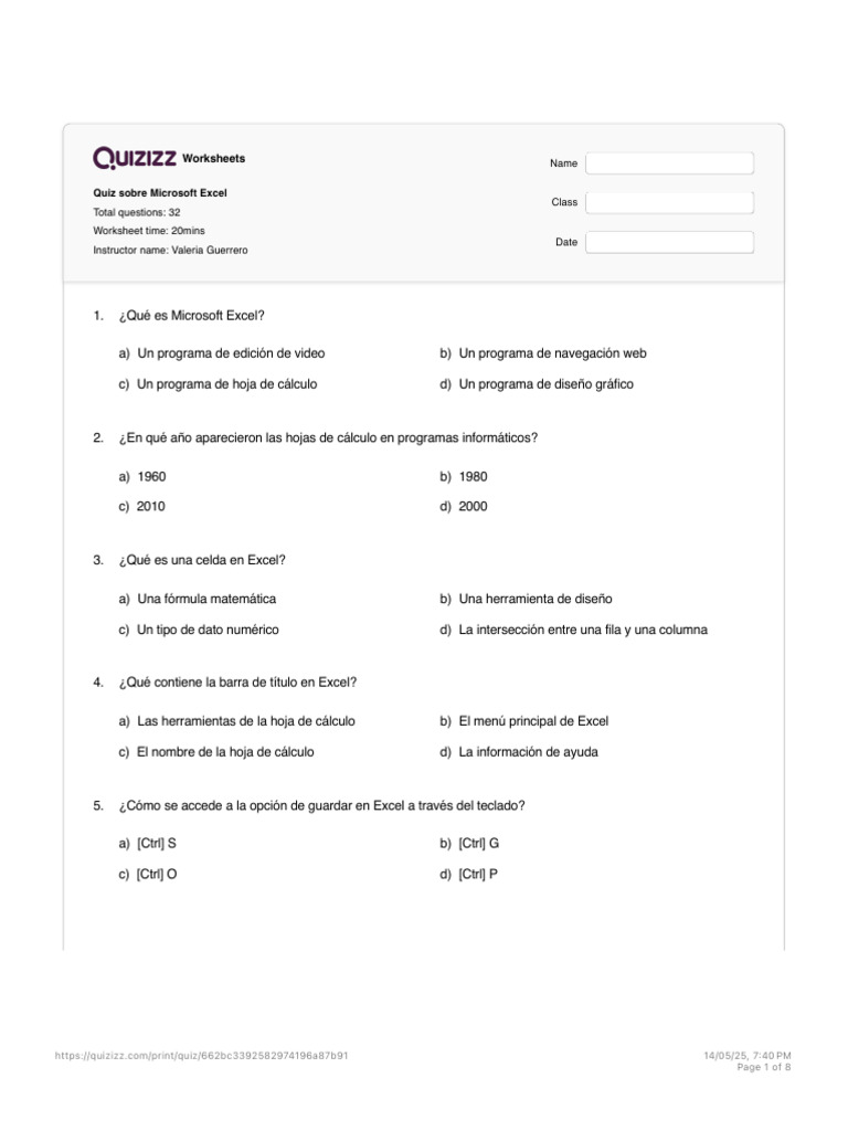 Quiz Sobre Microsoft Excel Quizizz | PDF | Microsoft Excel | Hoja de cálculo