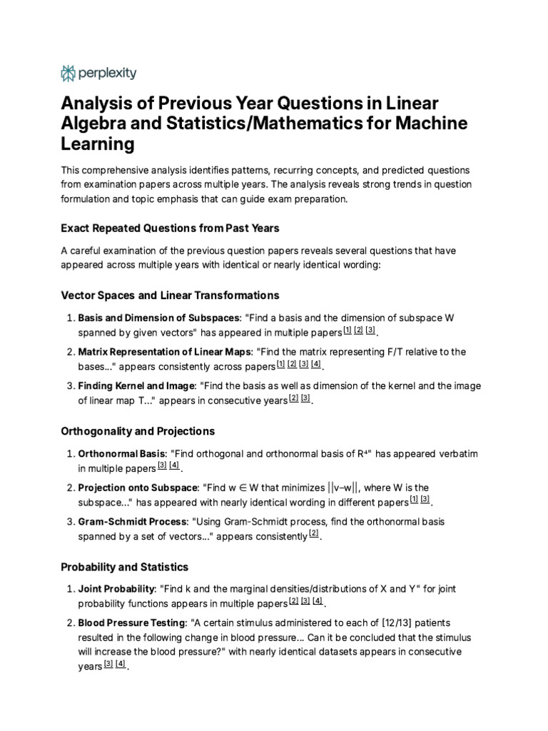 Analysis of Previous Year Questions in Linear Alge | PDF | Basis ...