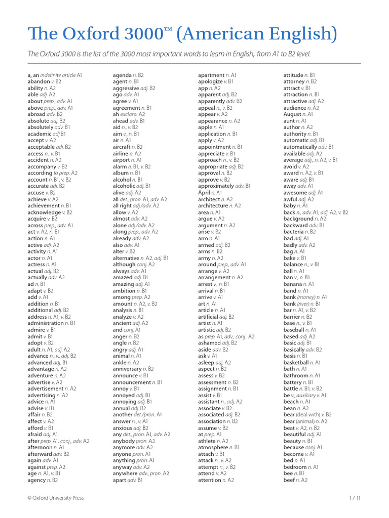 Oxford 3000 A1 Word List PDF | PDF