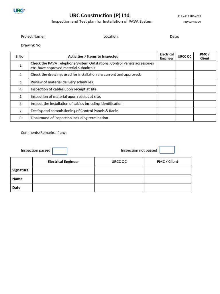 FLR - ELE ITP - 022 Inspection and Test Plan For Installation of PAVA ...