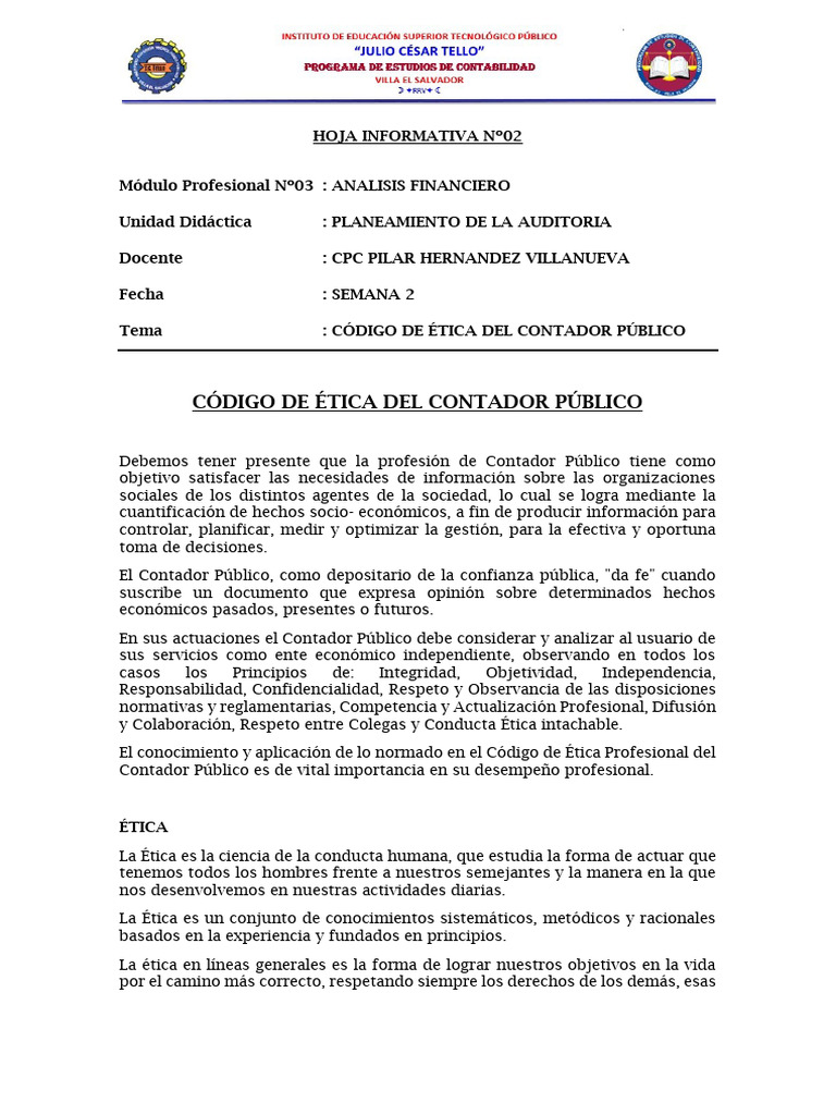 2 H. INFORM. N-02 CODIGO DE -TICA DEL CONTADOR | PDF | Contador | Ética profesional
