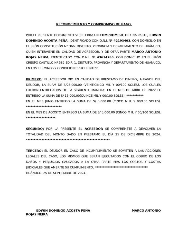 Reconocimiento y Compromiso de Pago - Edwin Domingo Acosta Peña | PDF