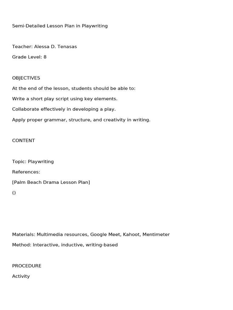 Semi Detailed Lesson Plan Playwriting | PDF