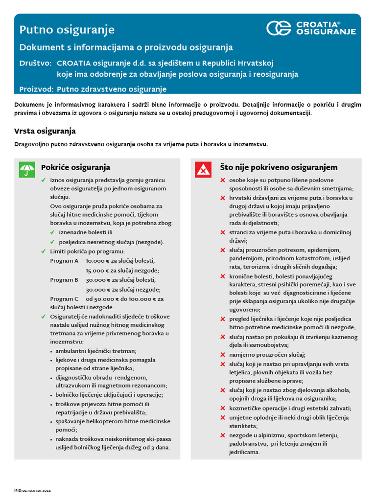 Informacije o Proizvodu Putno Zdravstveno Osiguranje | PDF