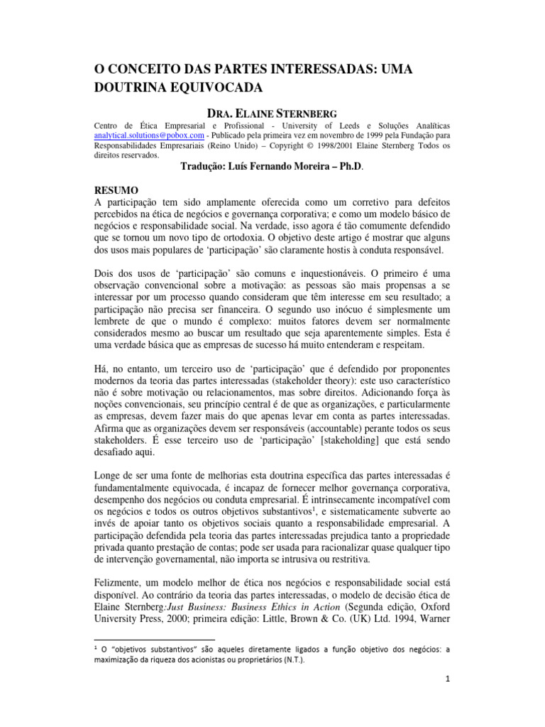 Crítica à Teoria das Partes Interessadas | PDF | Partes interessadas ...
