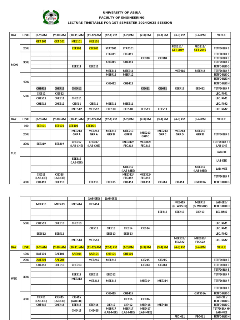 Timetable - First Semester Lecture Time Table 2023-2024 Session | PDF