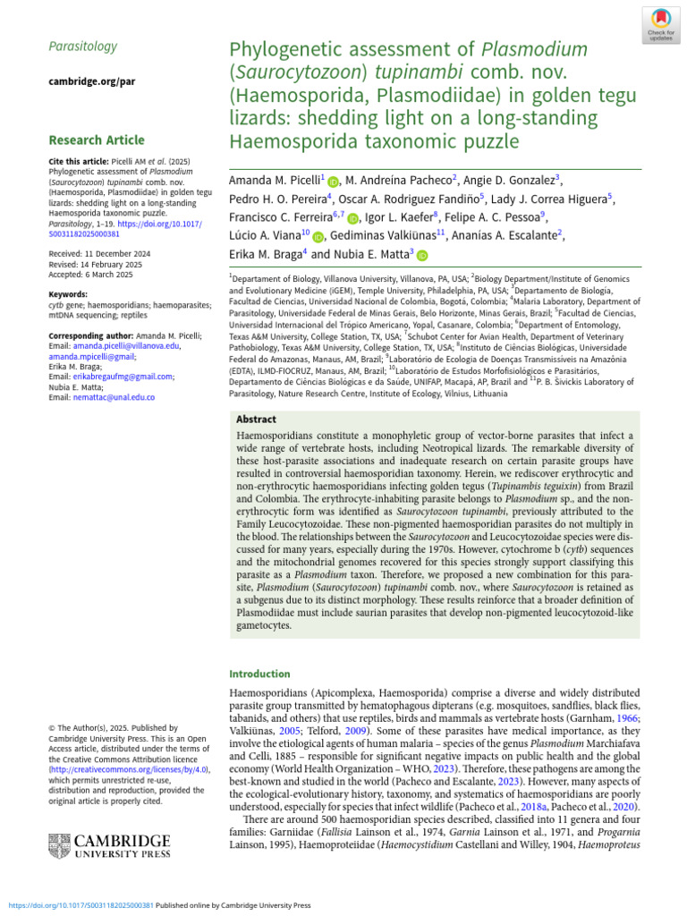 Phylogenetic Assessment of Plasmodium Saurocytozoon Tupinambi Comb Nov ...