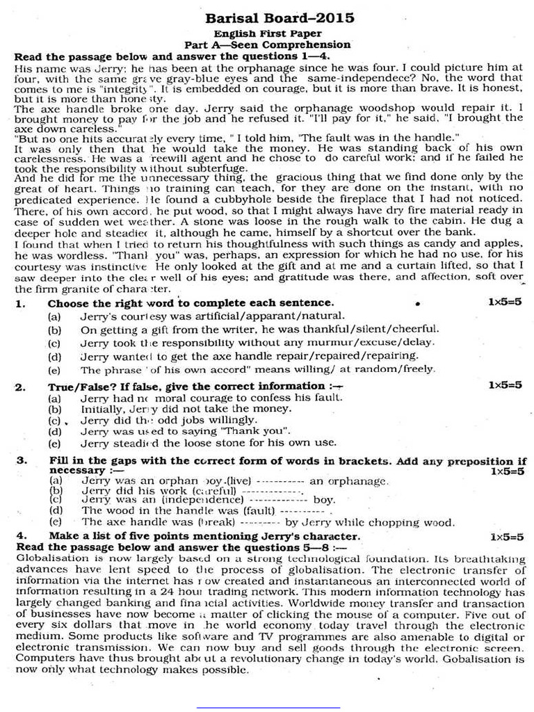 English 1st Paper Question 2015 Barishal Board | PDF