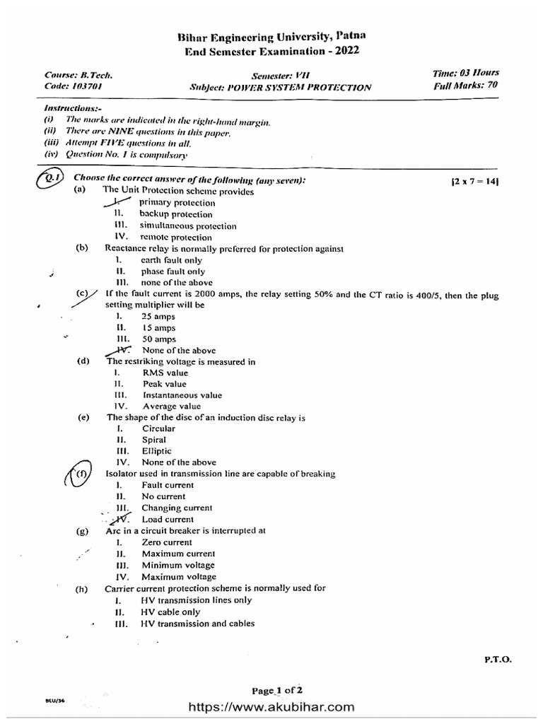 Btech 7 Sem Power System Protection 2022 | PDF