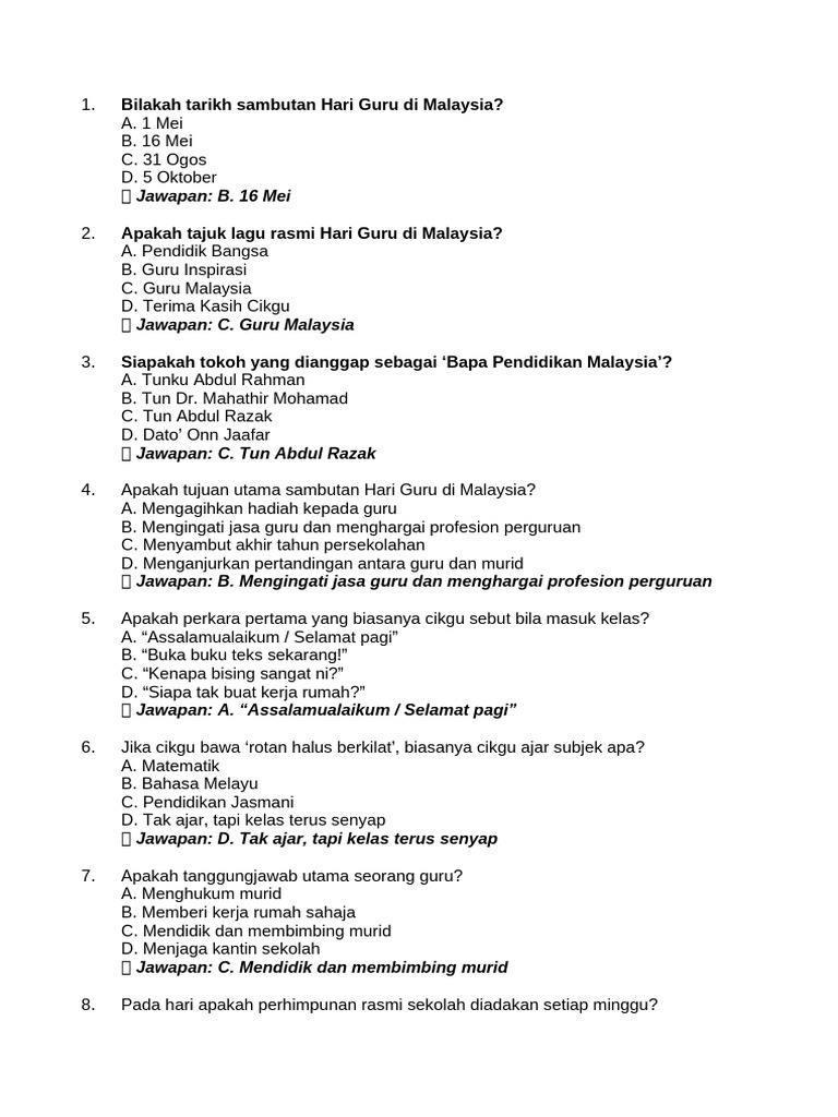 Soalan Kuiz & Trivia Hari Guru | PDF
