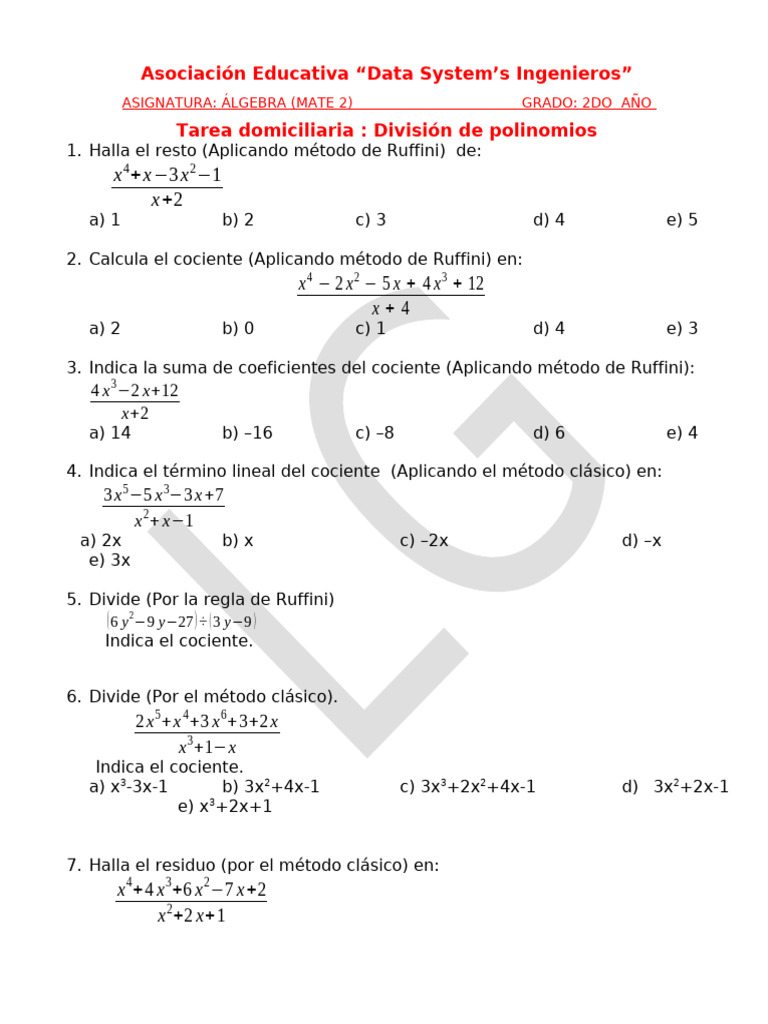 Tarea División de Polinomios 2do Año | PDF