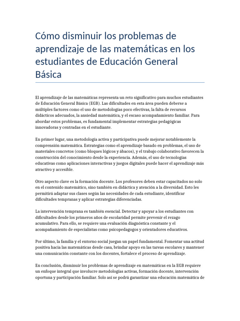 Ensayo_Aprendizaje_Matematicas_EGB | PDF