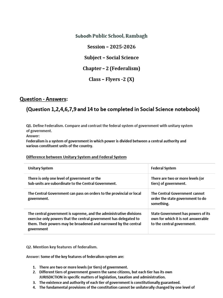 Ch-2 Federalism - Question - Answer | PDF | Federalism | Government