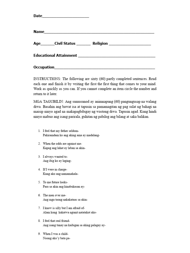 Sach's Sentence Completion Test | PDF