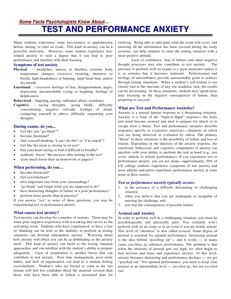 Test Anxiety Handout | PDF | Anxiety | Fear