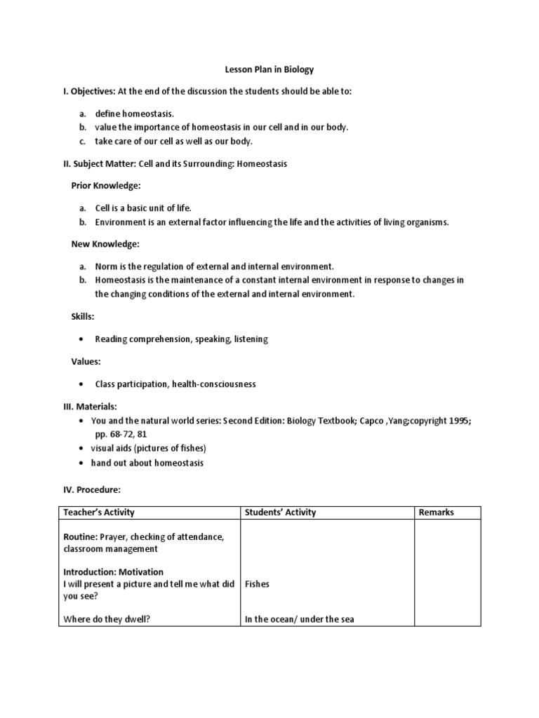 Lesson Plan in Biology | PDF | Homeostasis | Steady State
