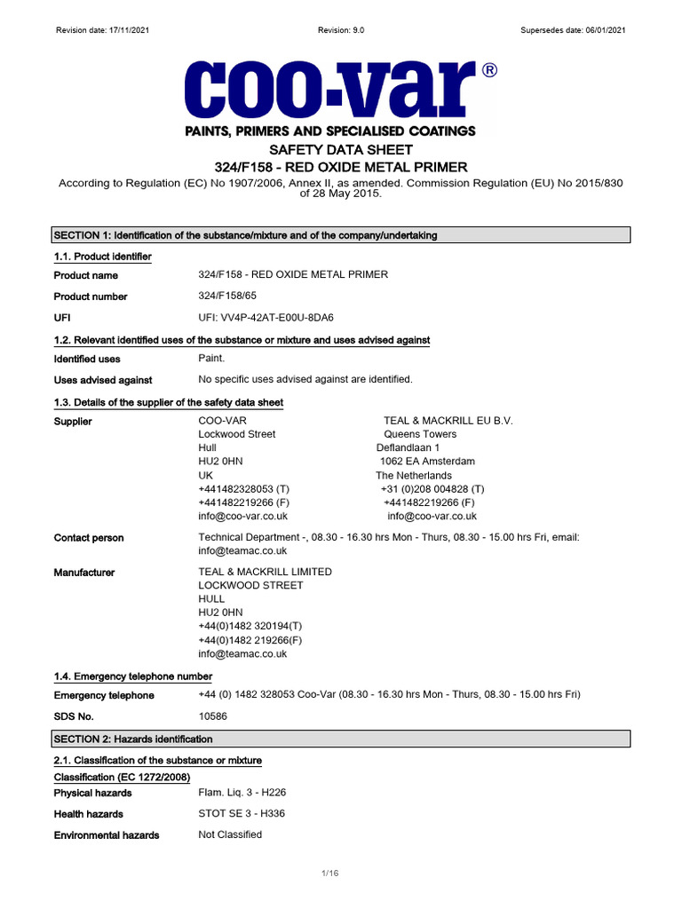 Sds-Red Oxide Metal Primer | PDF | Toxicity | Environmental Science